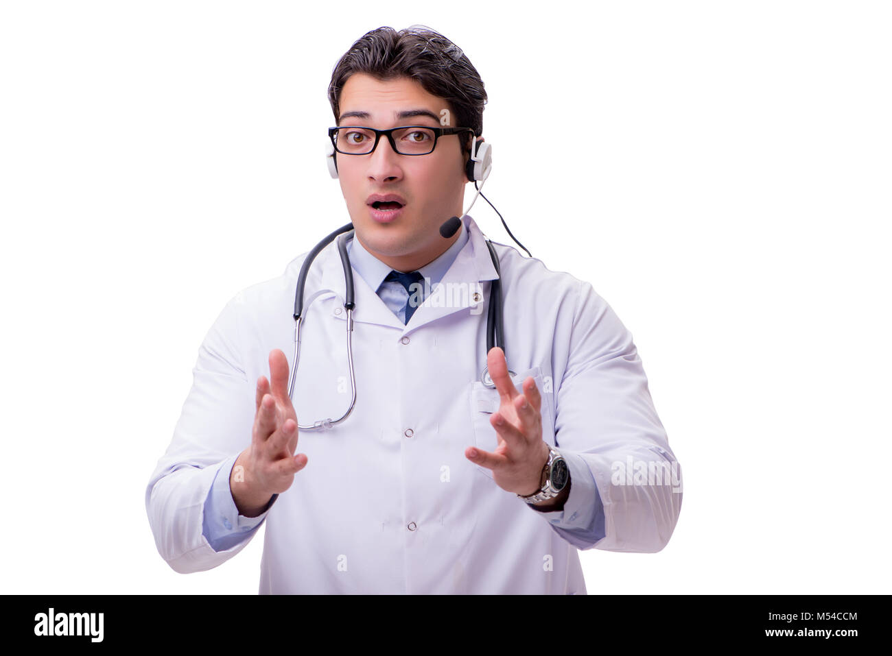 Young doctor with phone headset isolated on white Stock Photo - Alamy
