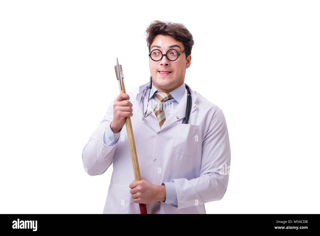 Funny doctor with axe isolated on white Stock Photo - Alamy