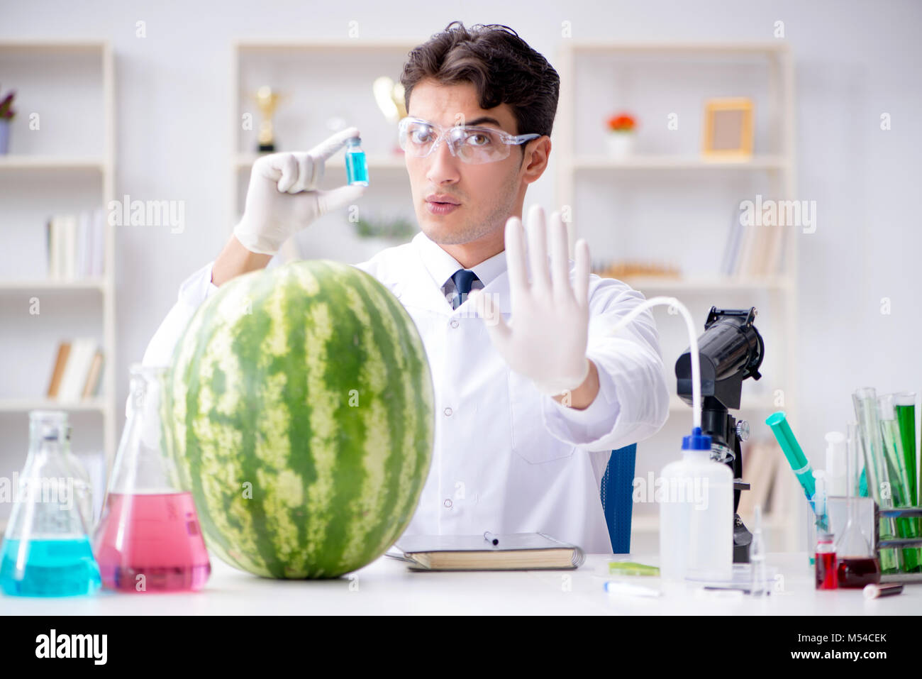 Scientist testing watermelon in lab Stock Photo - Alamy
