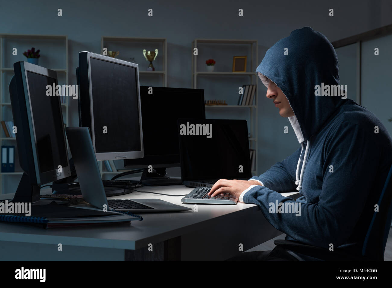 Hacker hacking computer at night Stock Photo - Alamy