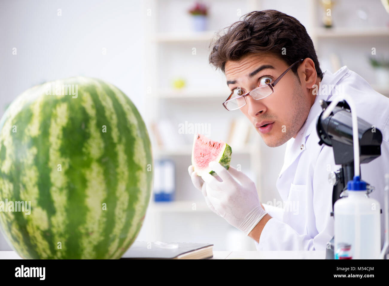 Scientist testing watermelon in lab Stock Photo - Alamy