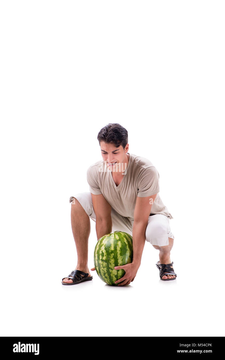 Young man with watermelon isolated on white Stock Photo - Alamy