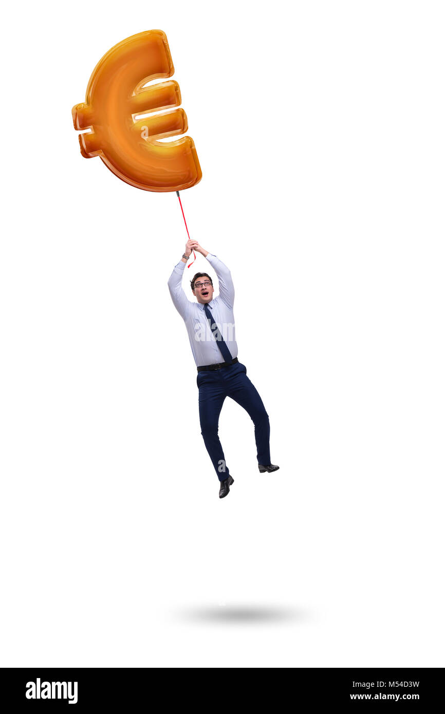 Businessman flying on euro sign inflatable balloon Stock Photo - Alamy