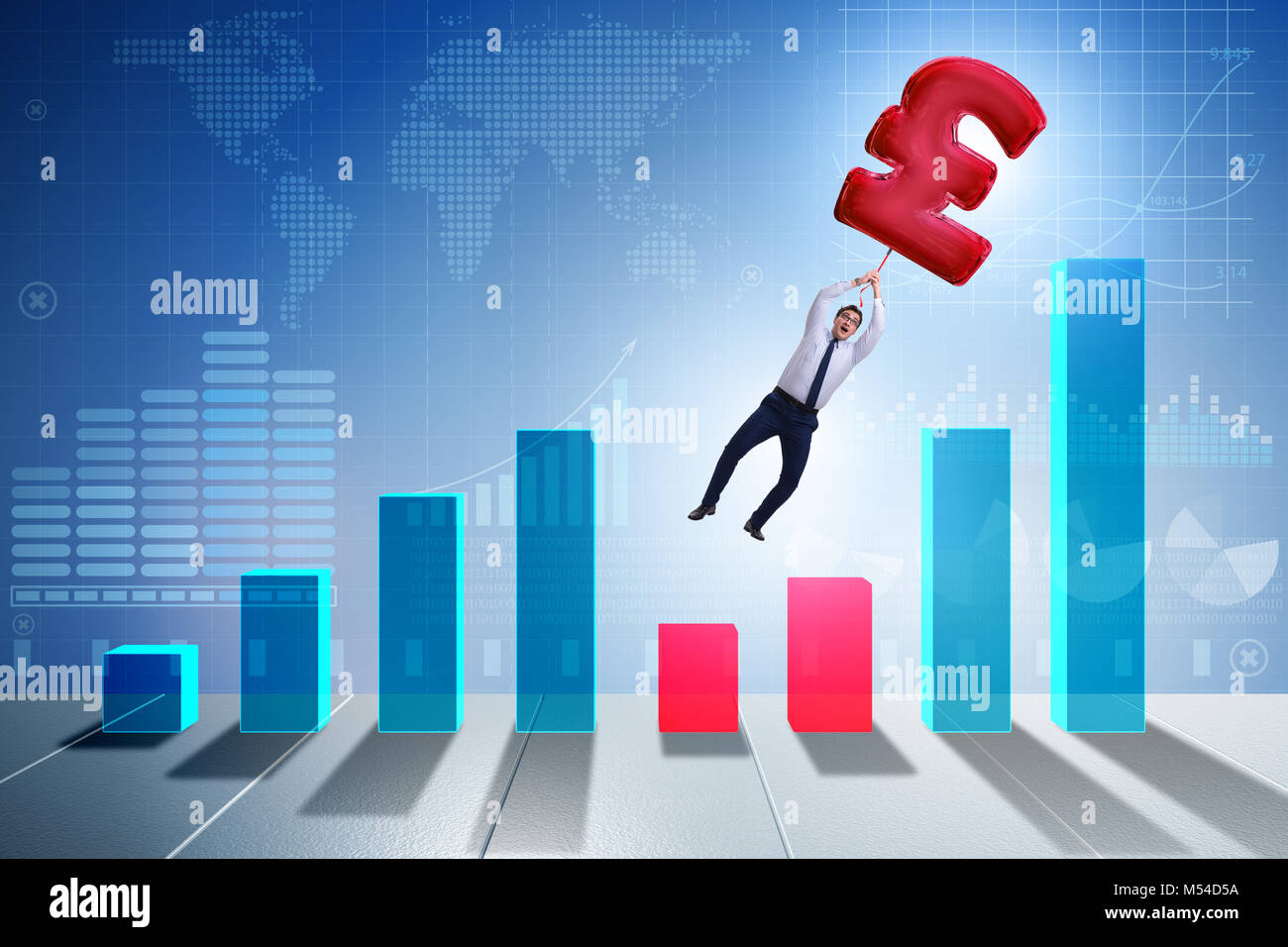 Businessman flying on british pound sign inflatable balloon Stock Photo ...