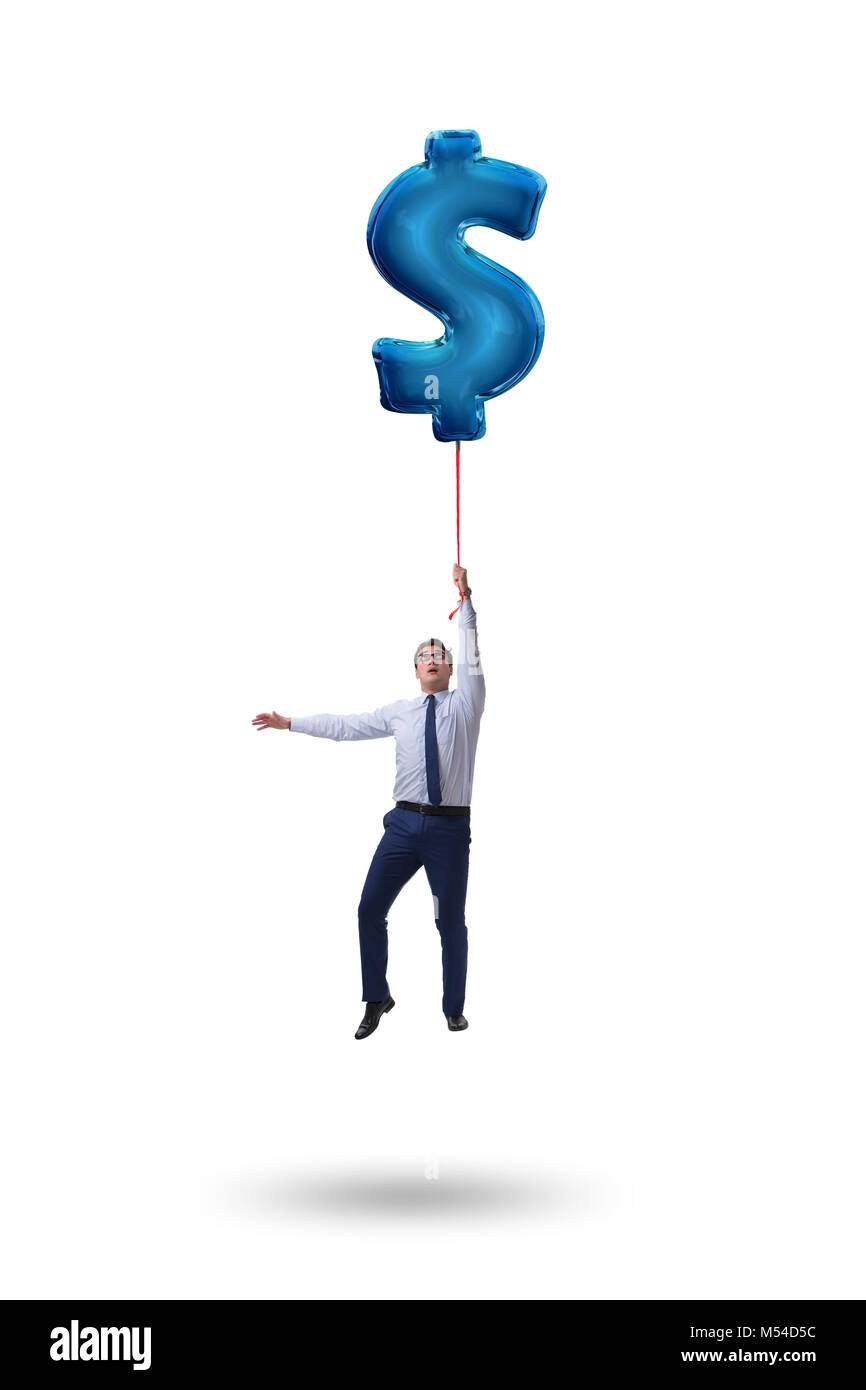Businessman flying on dollar sign inflatable balloon Stock Photo - Alamy