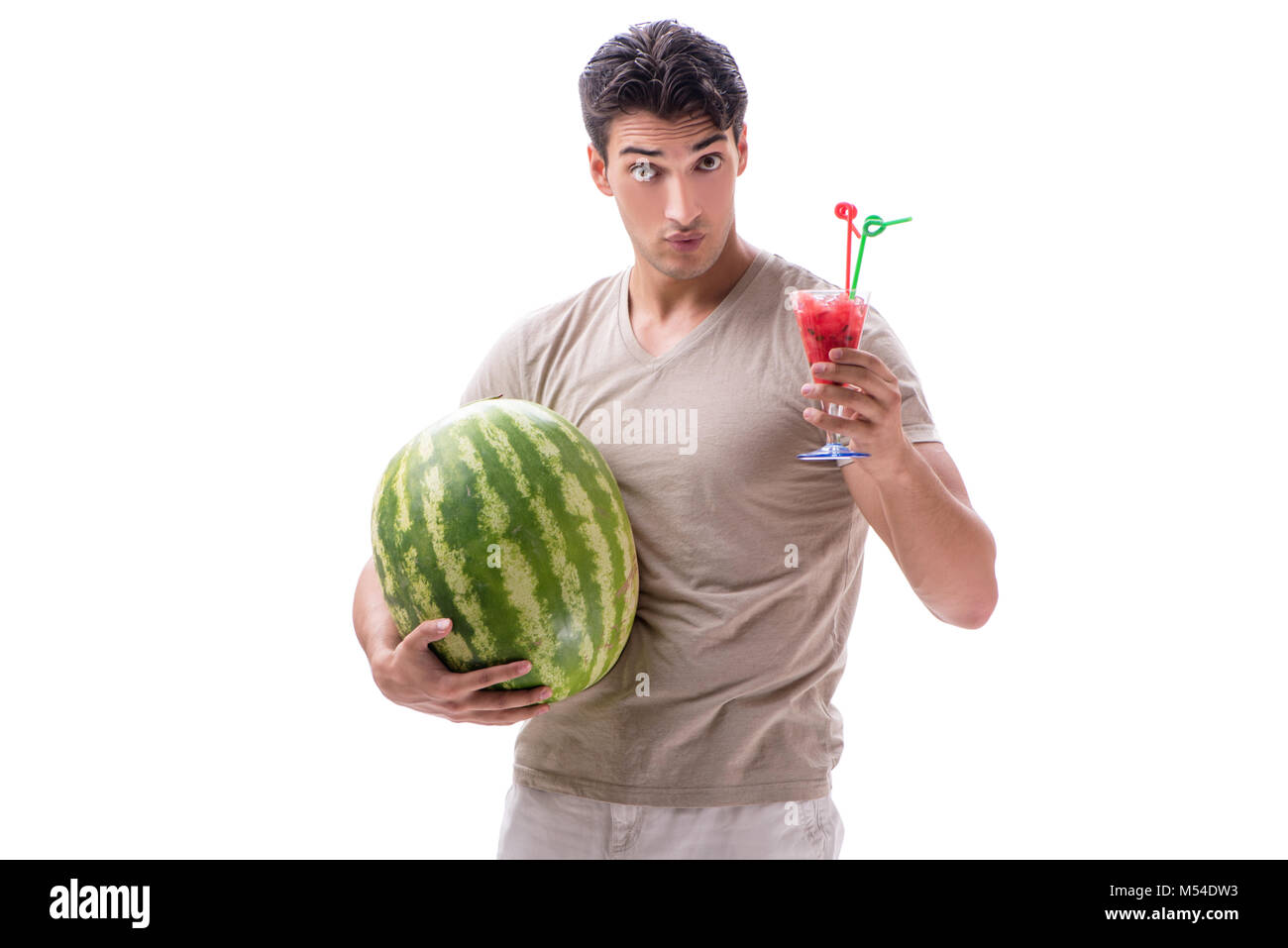 Young man with watermelon isolated on white Stock Photo - Alamy