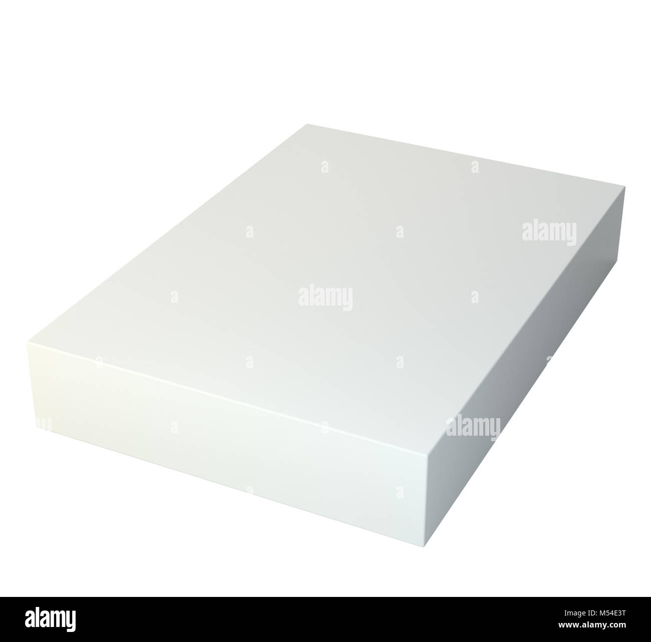 White cube blank box from top front far side angle. 3D illustration on ...