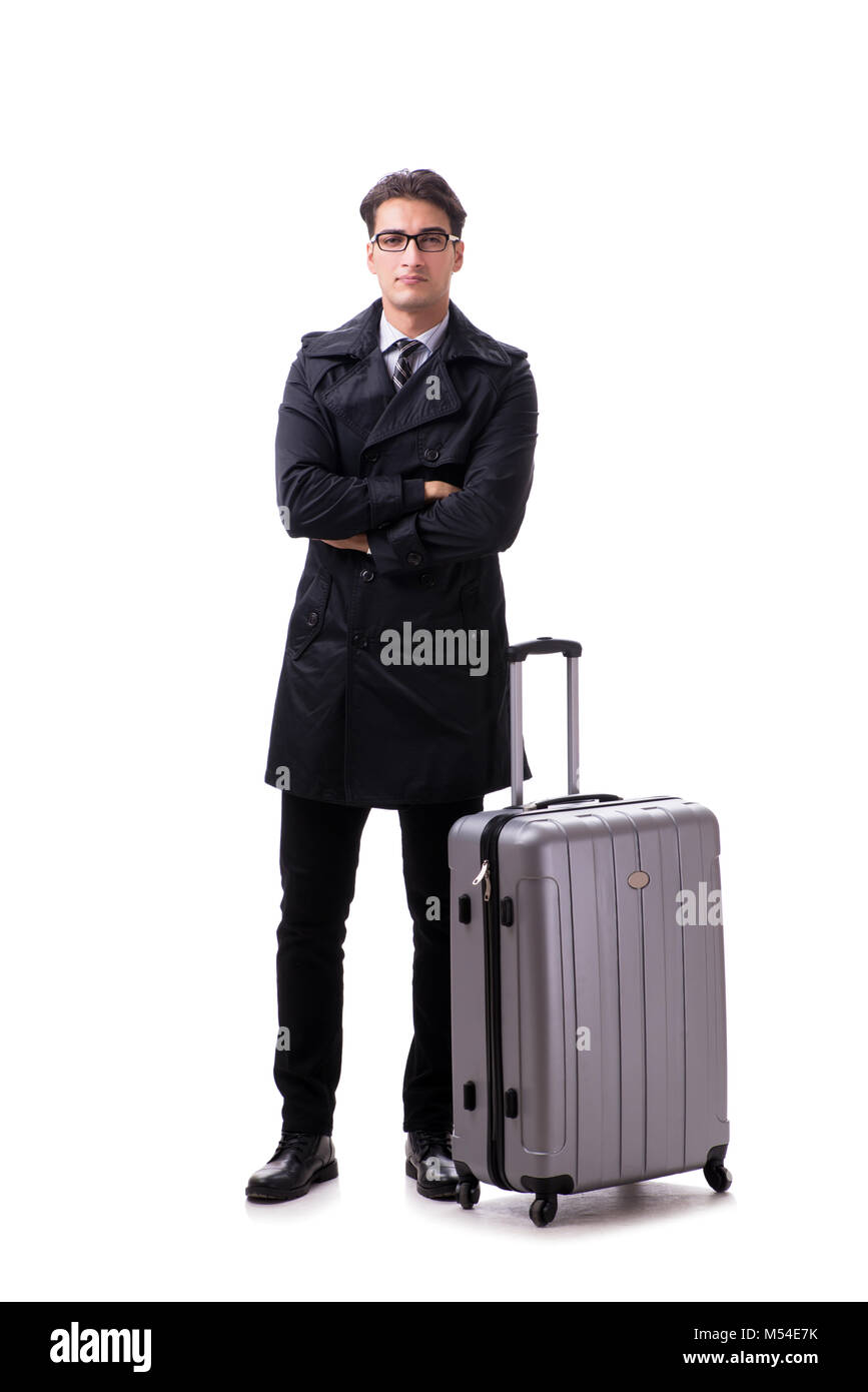 Young businessman with suitcase ready for business trip on white Stock ...