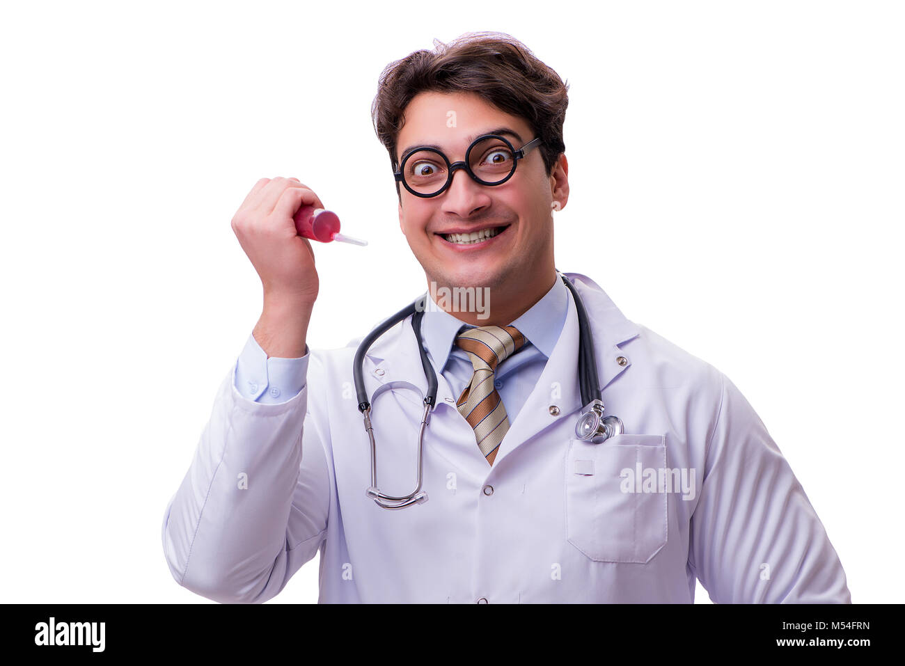 Funny doctor with syringe isolated on white Stock Photo - Alamy