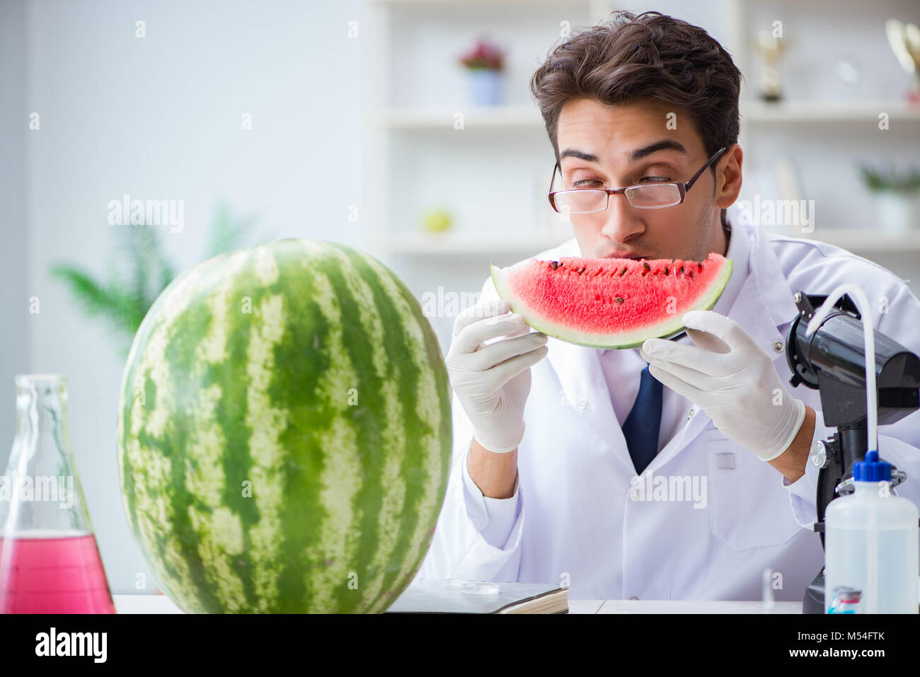 Scientist testing watermelon in lab Stock Photo - Alamy