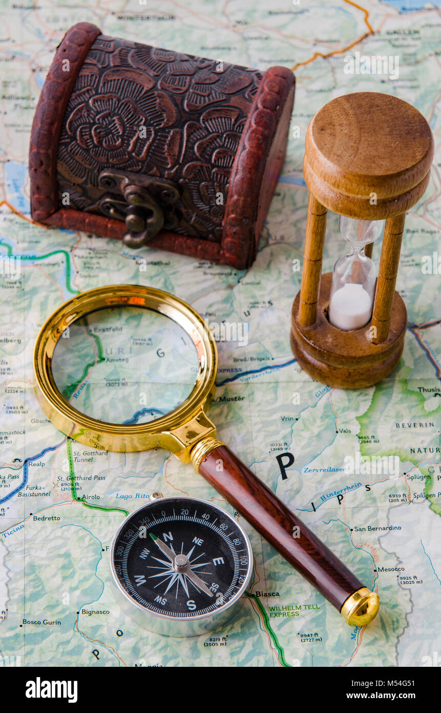 Travel concept with compass and map Stock Photo - Alamy