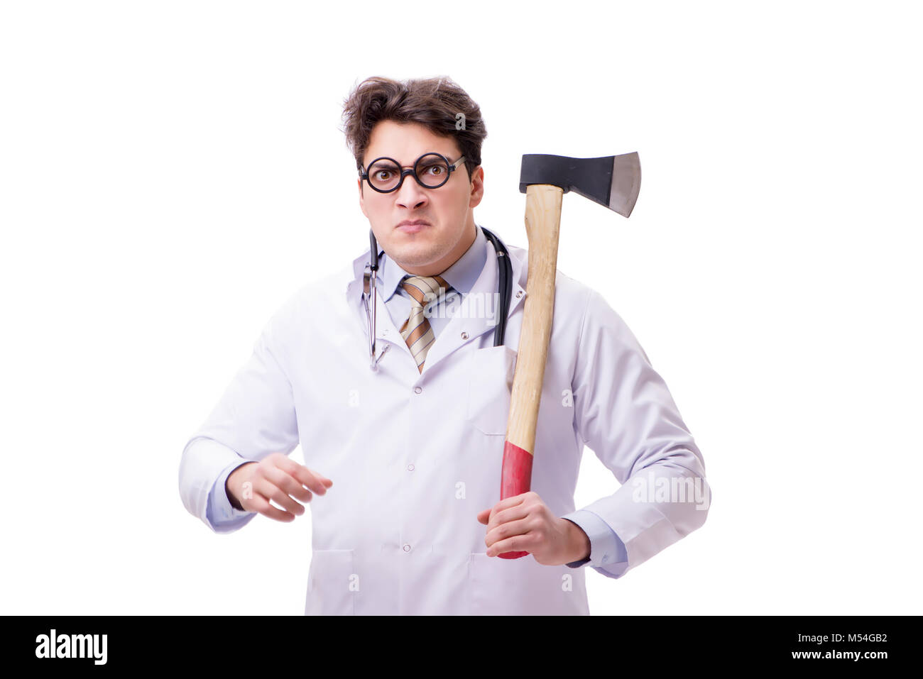 Funny doctor with axe isolated on white Stock Photo - Alamy