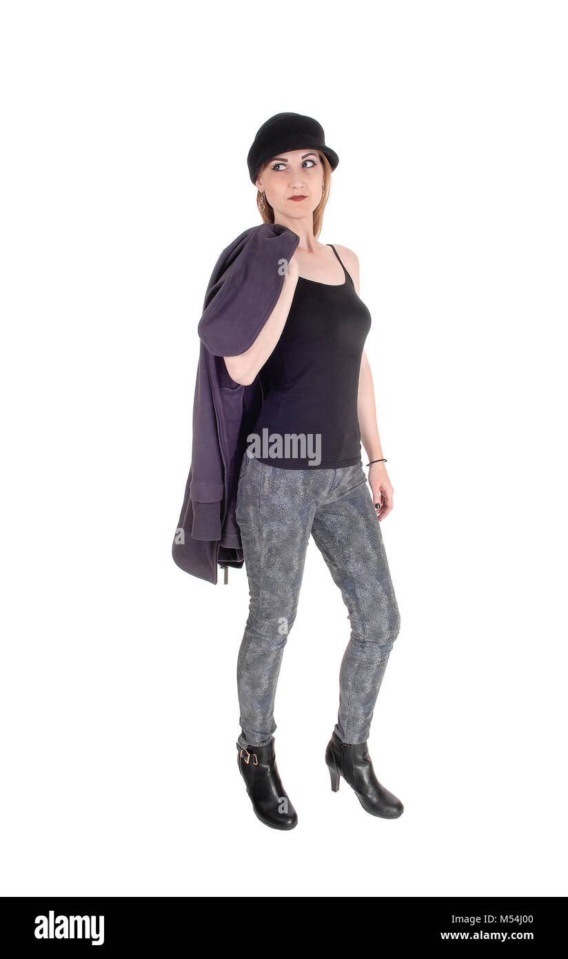 Woman in tights whit coat over shoulder Stock Photo - Alamy