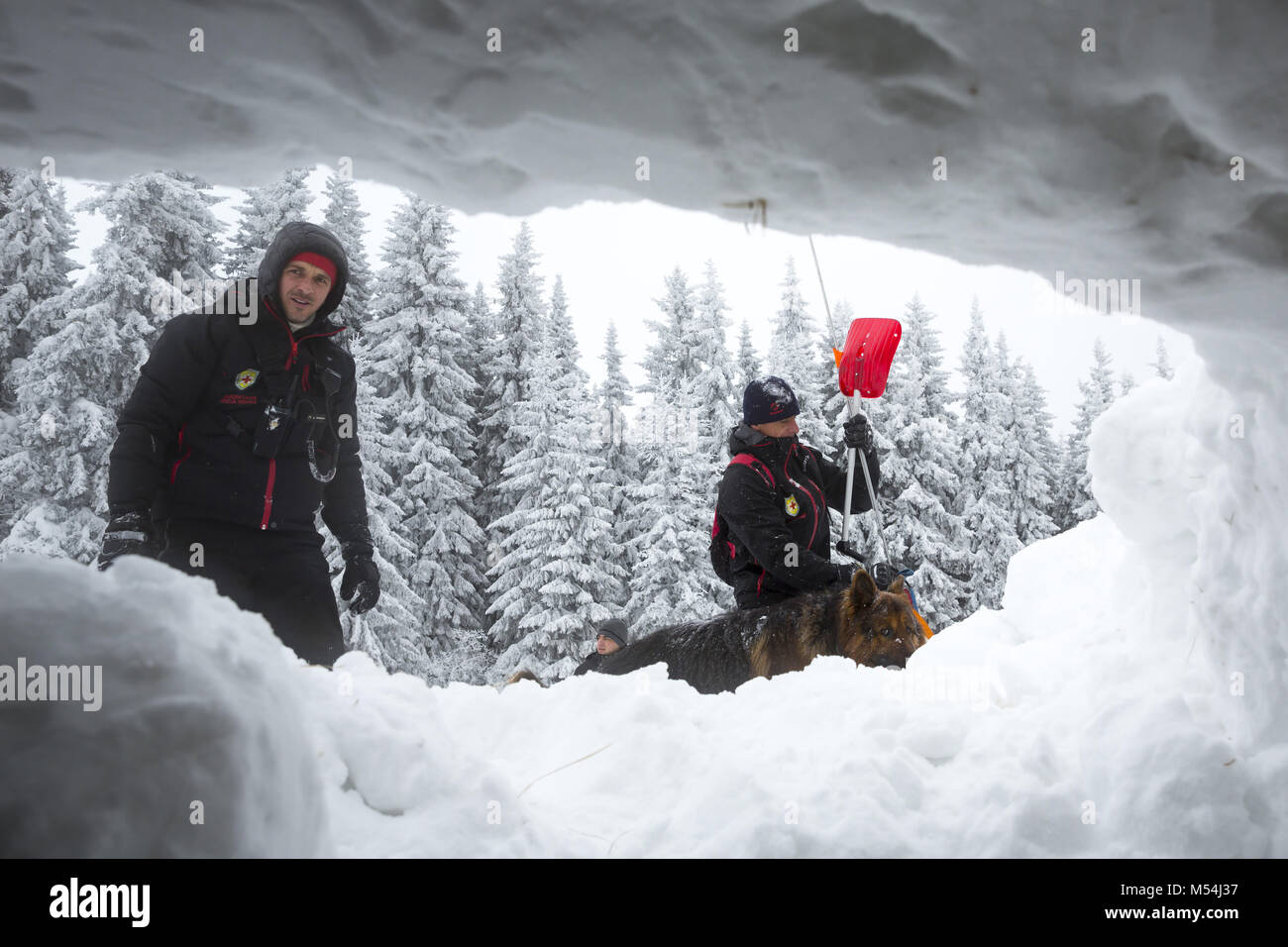 Red Cross rescuers through snow hole Stock Photo - Alamy
