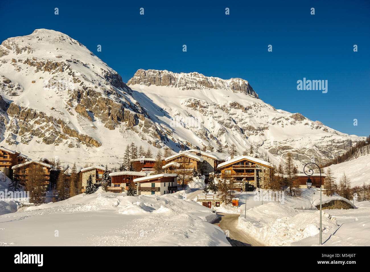 Alpine winter mountain landscape. French Alps with snow Stock Photo - Alamy
