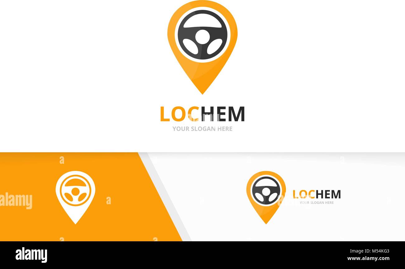 Vector car helm and map pointer logo combination. Steering wheel and gps locator symbol or icon ...