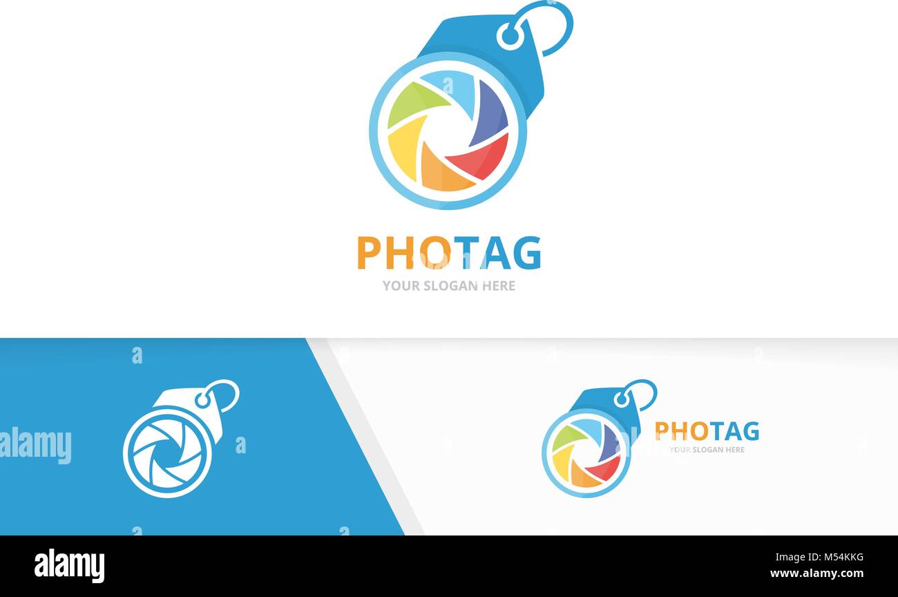 Vector camera shutter and tag logo combination. Lens and shop symbol or ...