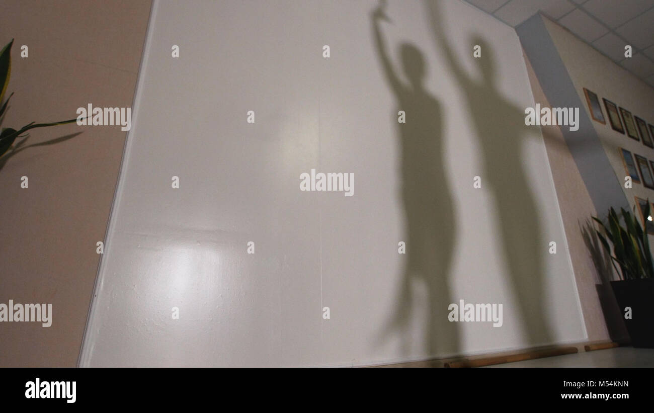 Shadow of man and woman dancing and rehearsing Latin American dance in ...