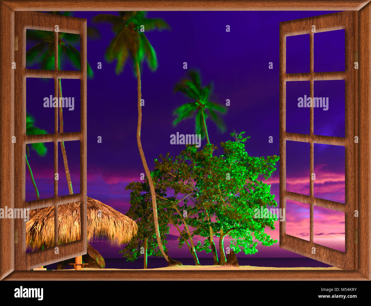 view from the open window of the caribbean sunset Stock Photo - Alamy