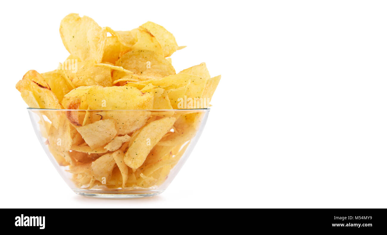 Composition with bowl of potato chips isolated on white Stock Photo - Alamy