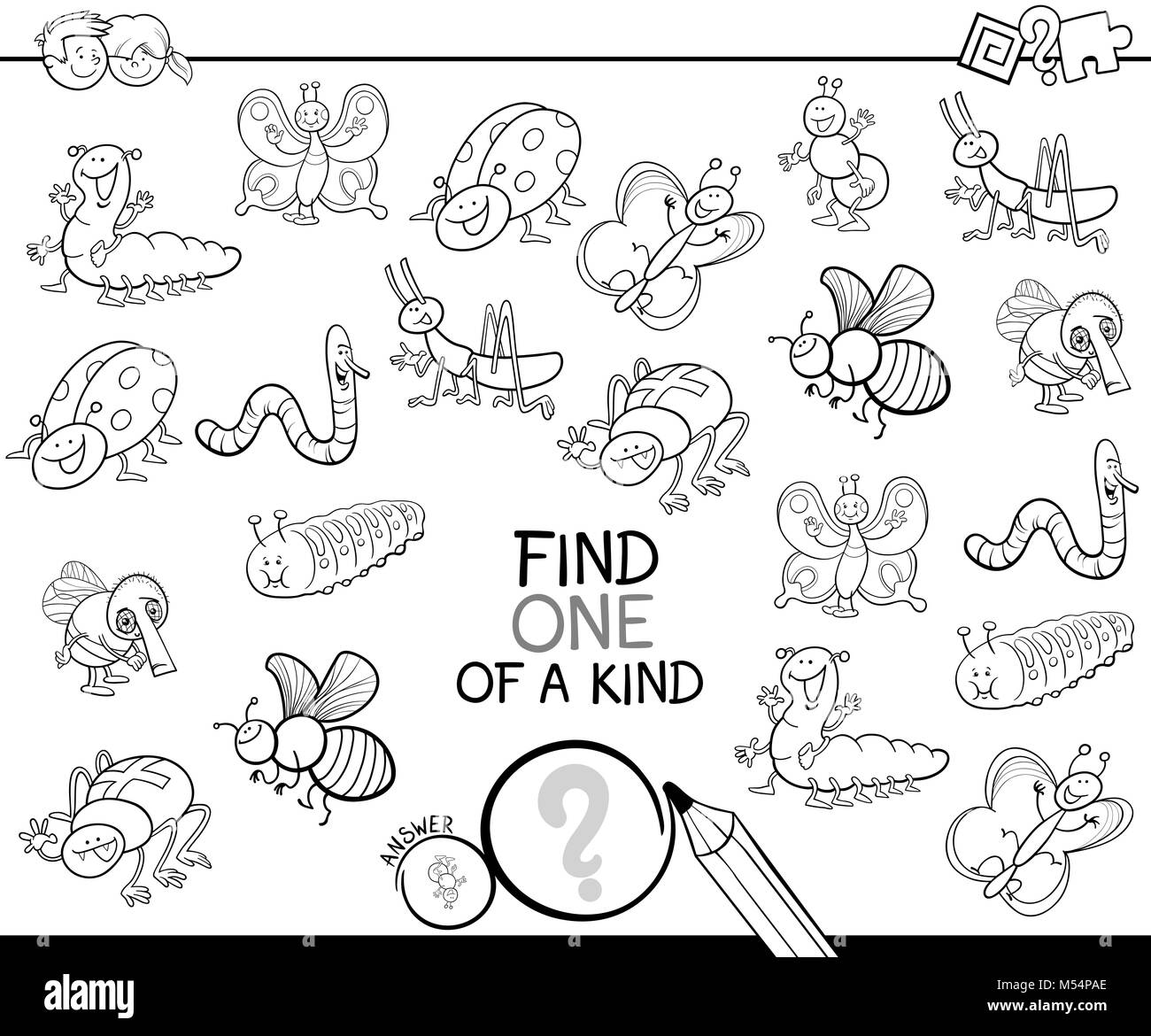 one of a kind game with insects color book Stock Photo - Alamy