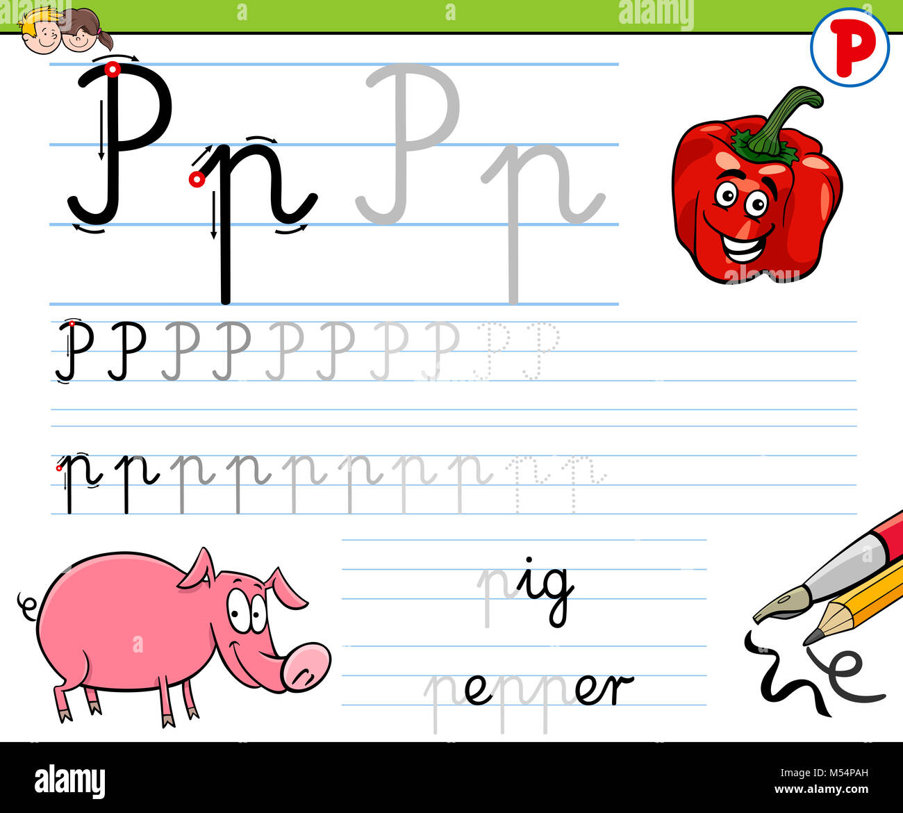 how to write letter P worksheet for kids Stock Photo - Alamy