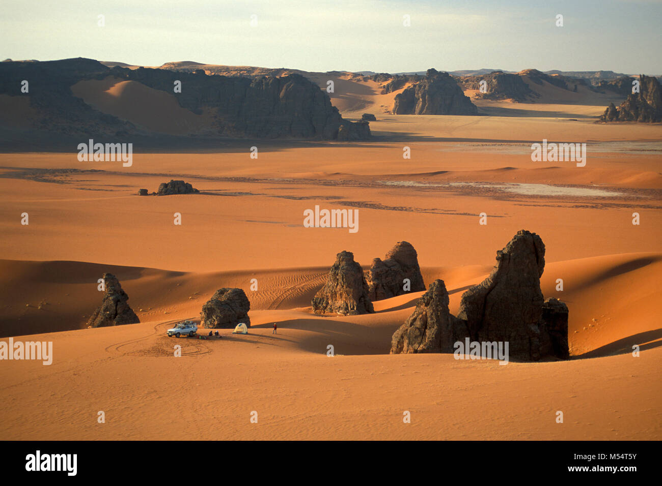 Algeria. Near Djanet. Sahara desert. Sand sea landscape and sand dunes ...