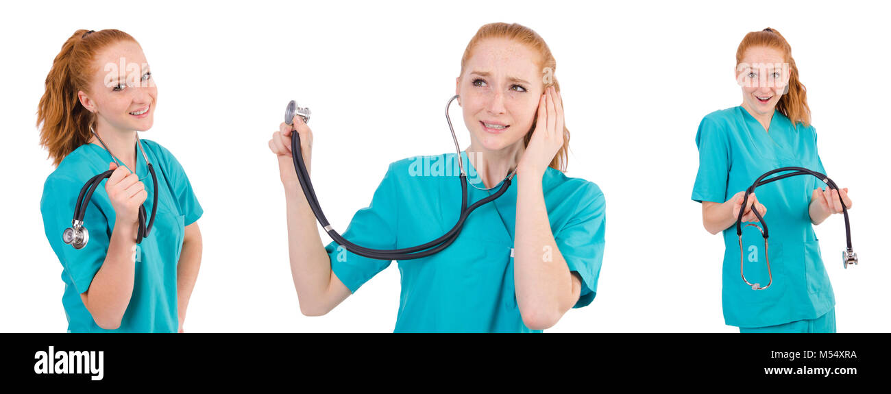 The young medical trainee with stethoscope isolated on white Stock ...