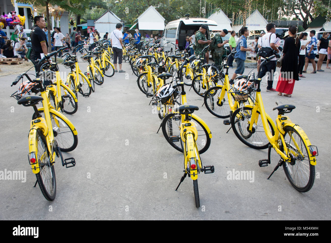 Yellow bicycle for travelers people rent biking tour around Bang Mod ...