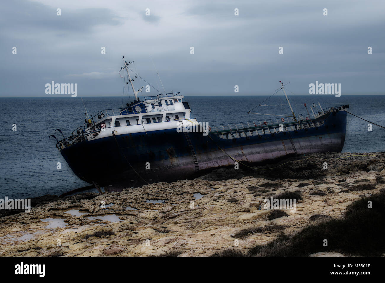 The Shipwreck. A cargo ship which was carried ashore following a storm ...