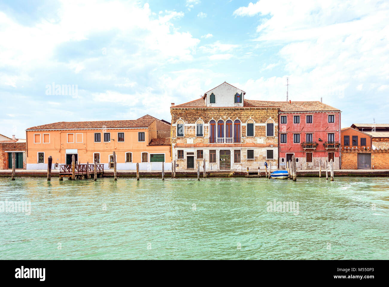 Daylight view from boat to historic architecture buildings in sunny day ...