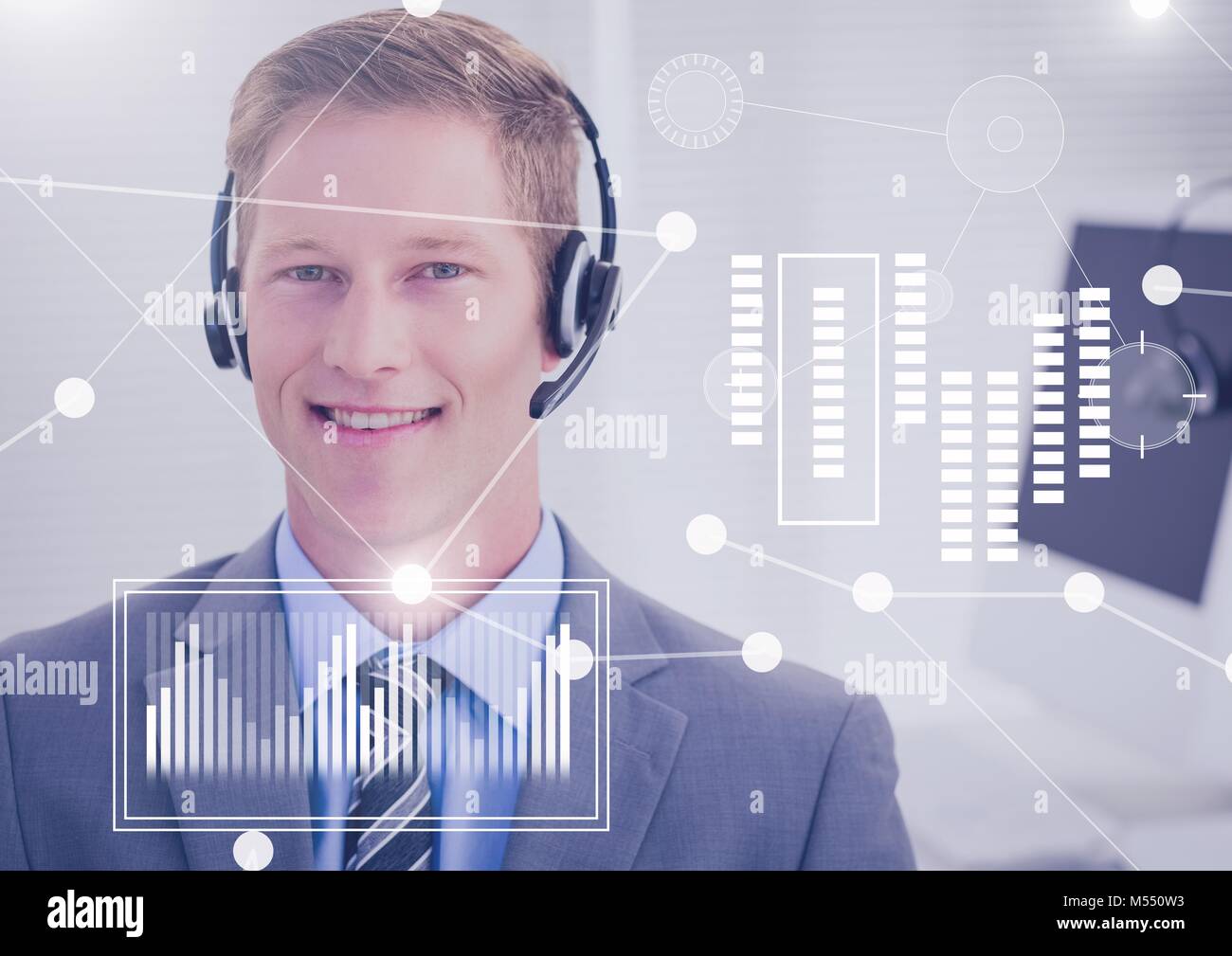 Business Overlay Interface with businessman wearing headset Stock Photo ...