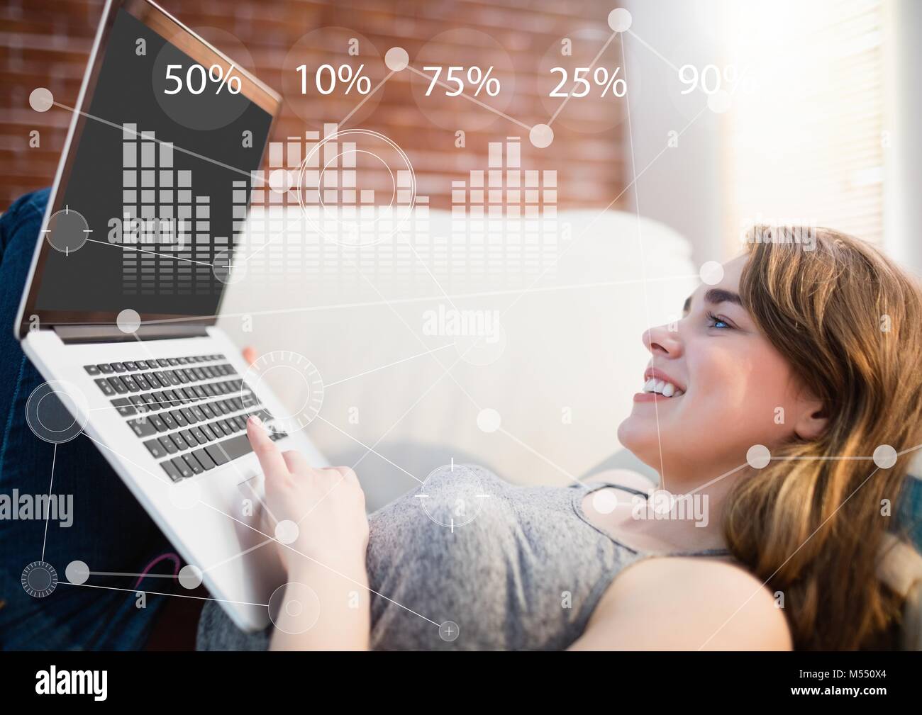 Business Overlay Interface with businesswoman and laptop Stock Photo ...