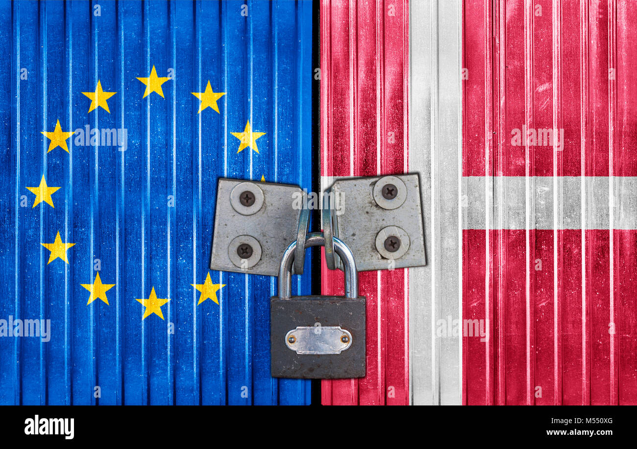 EU and Denmark flag on door with padlock Stock Photo - Alamy
