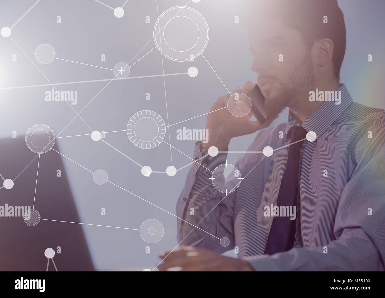 Business Overlay Interface with businessman and computer Stock Photo ...
