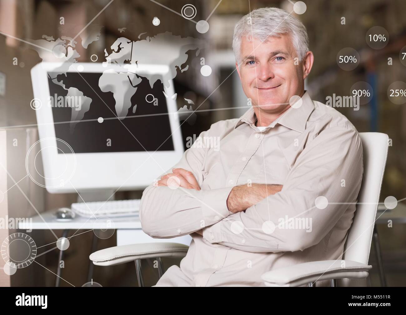 Business Overlay Interface with businessman and computer and world map ...