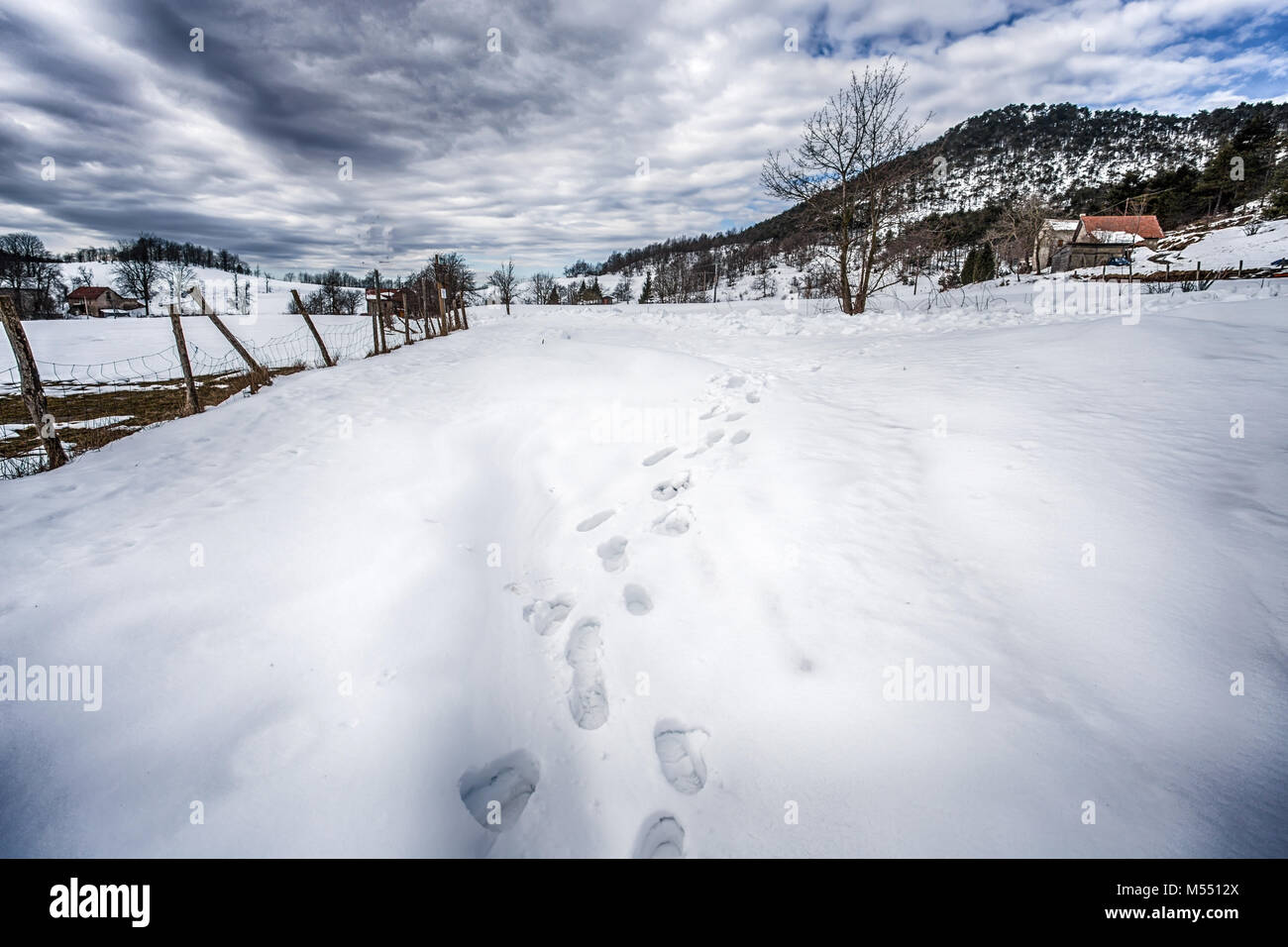 Footprints in the snow, reaching to the horizon above the clouds Stock ...