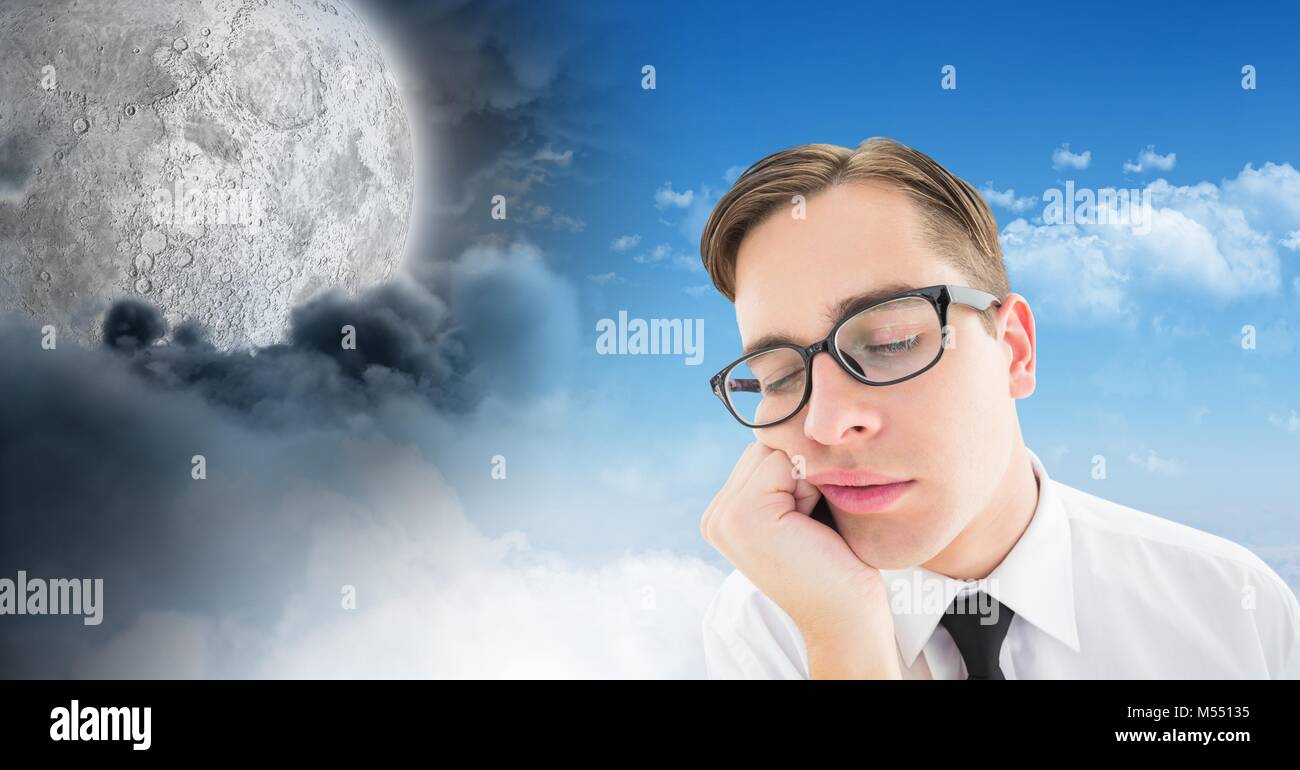Tired man and Day and night moon cloudy sky contrast transition Stock ...