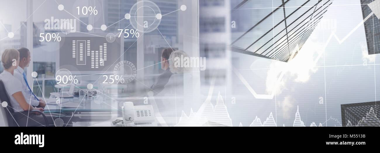 Business Overlay Interface with business people in office at board ...