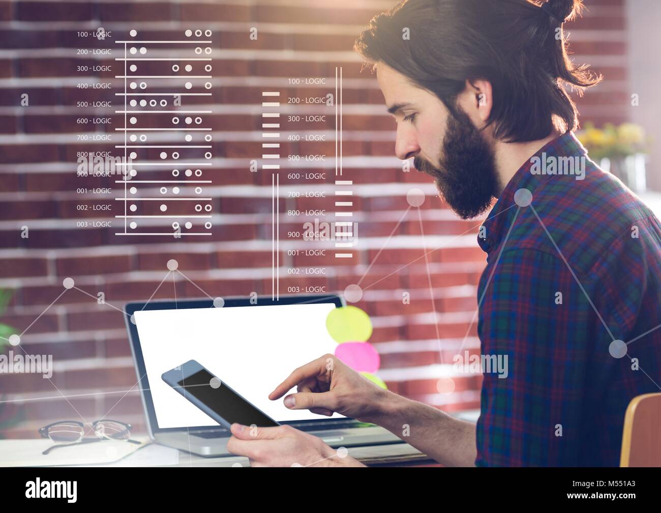 Business Overlay Interface with businessman and tablet Stock Photo - Alamy