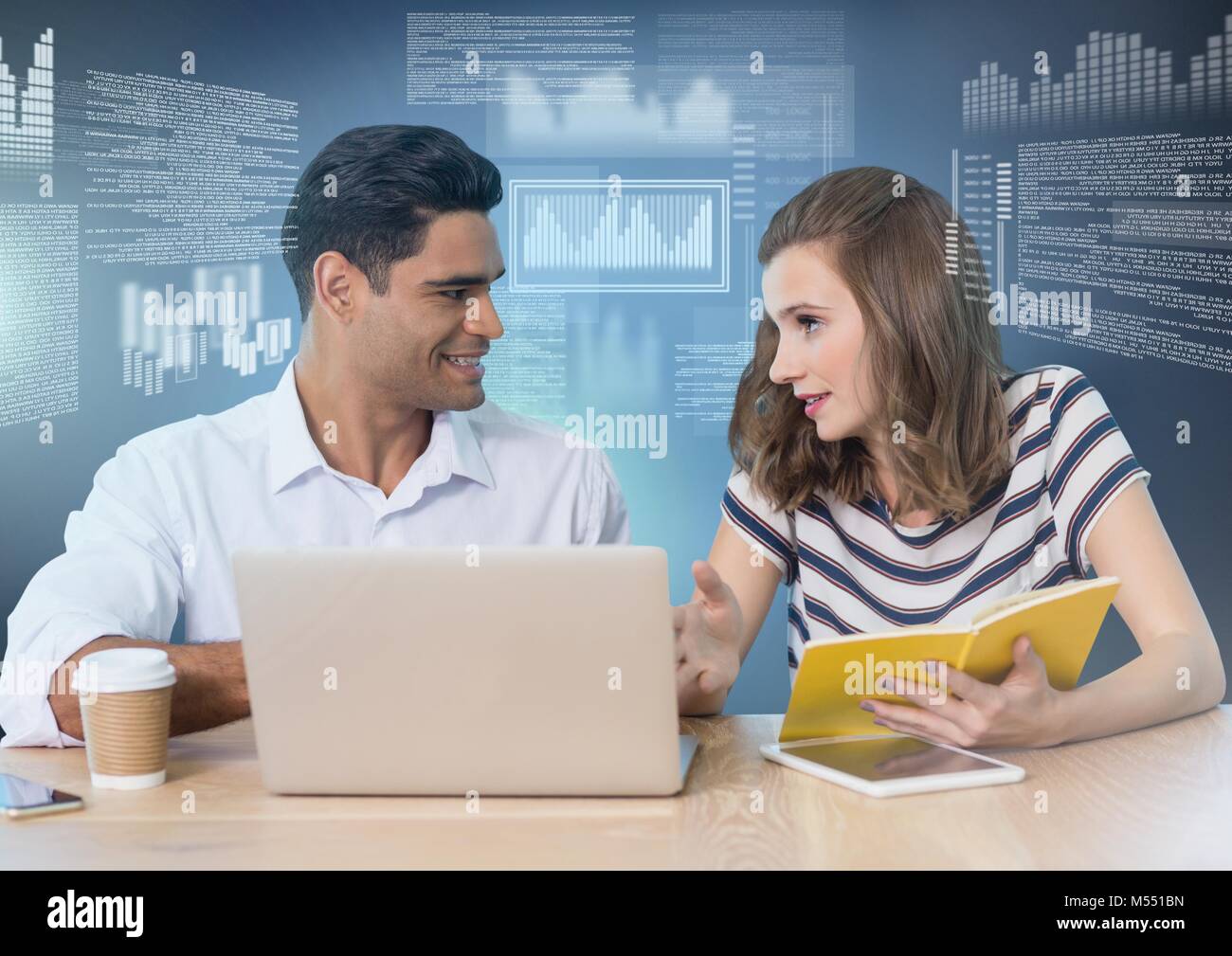 Business couple working on laptop with screen text interface Stock ...