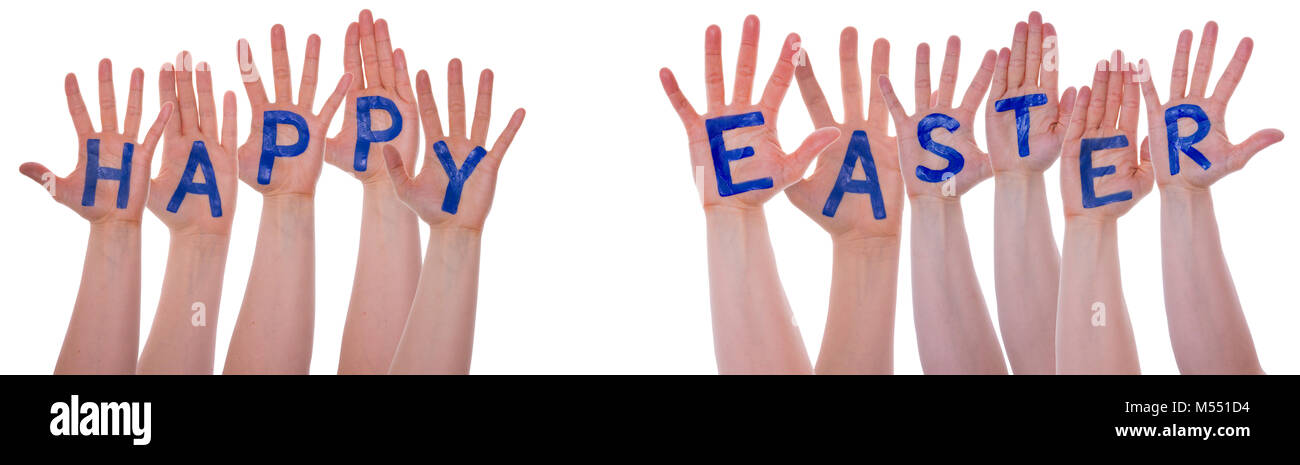 Word Happy Easter On Hands, On White Stock Photo - Alamy