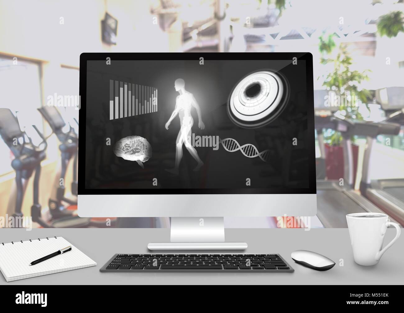 Human health and fitness interface on computer screen in gym Stock ...