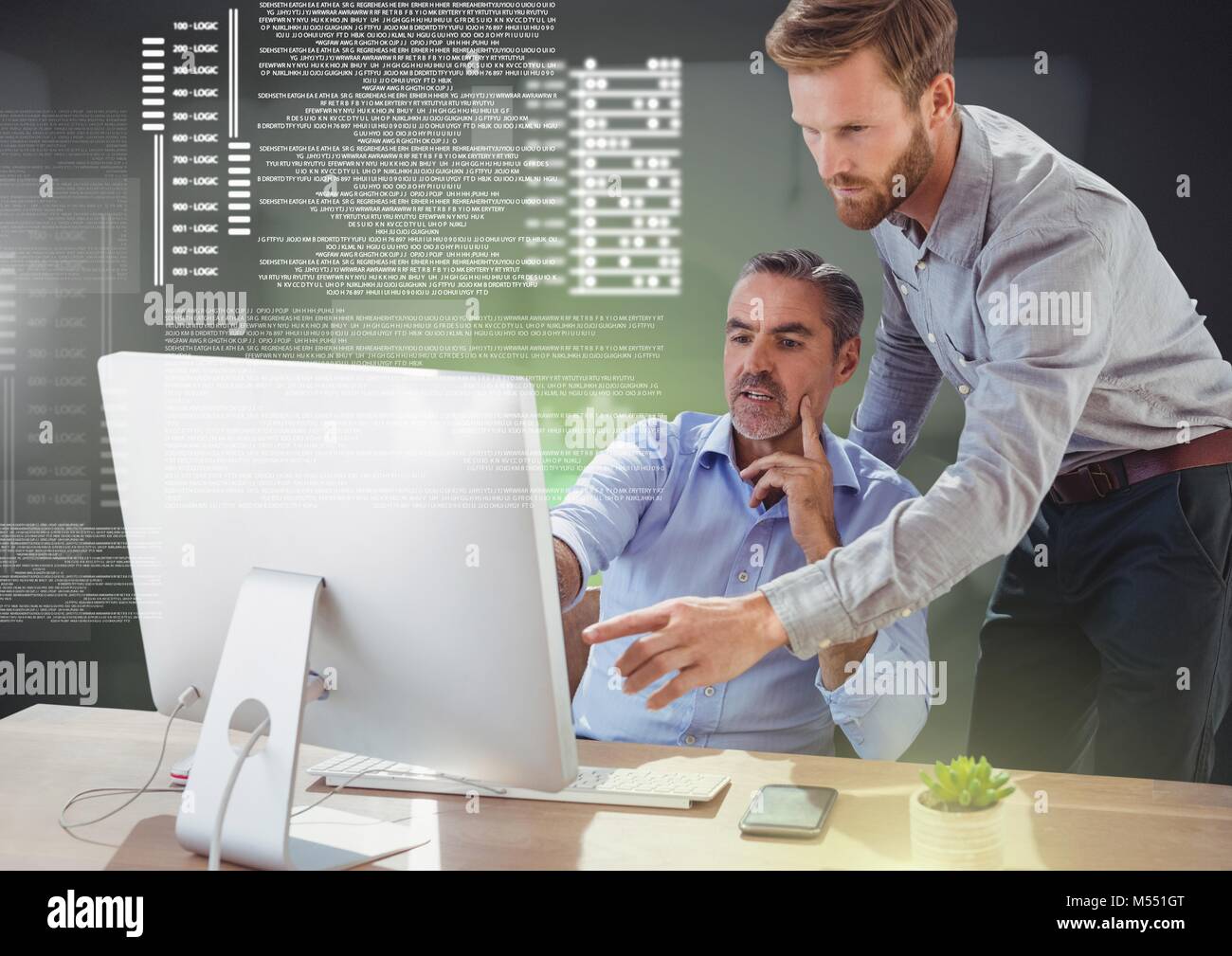 Business people working on computer with screen text interface Stock ...