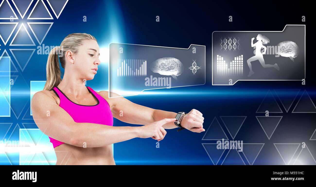 Human health and fitness interface and woman with smart watch tracking ...