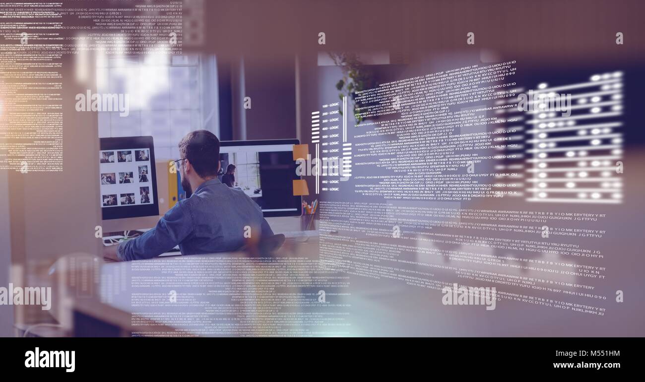 Man working and screen text interface Stock Photo - Alamy
