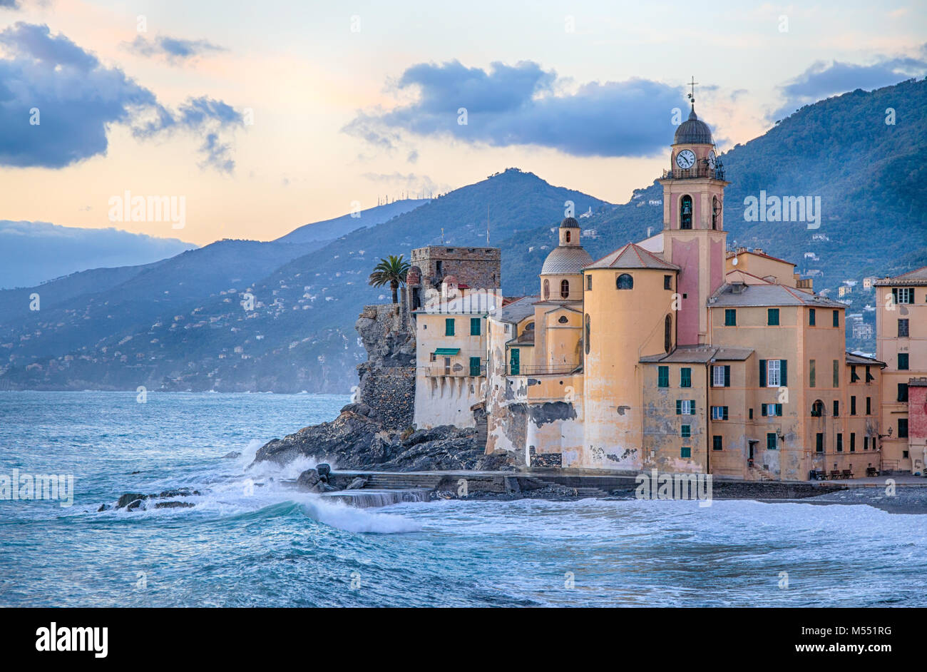 Old church and historical buildings near the sea in Camogli, Genoa ...