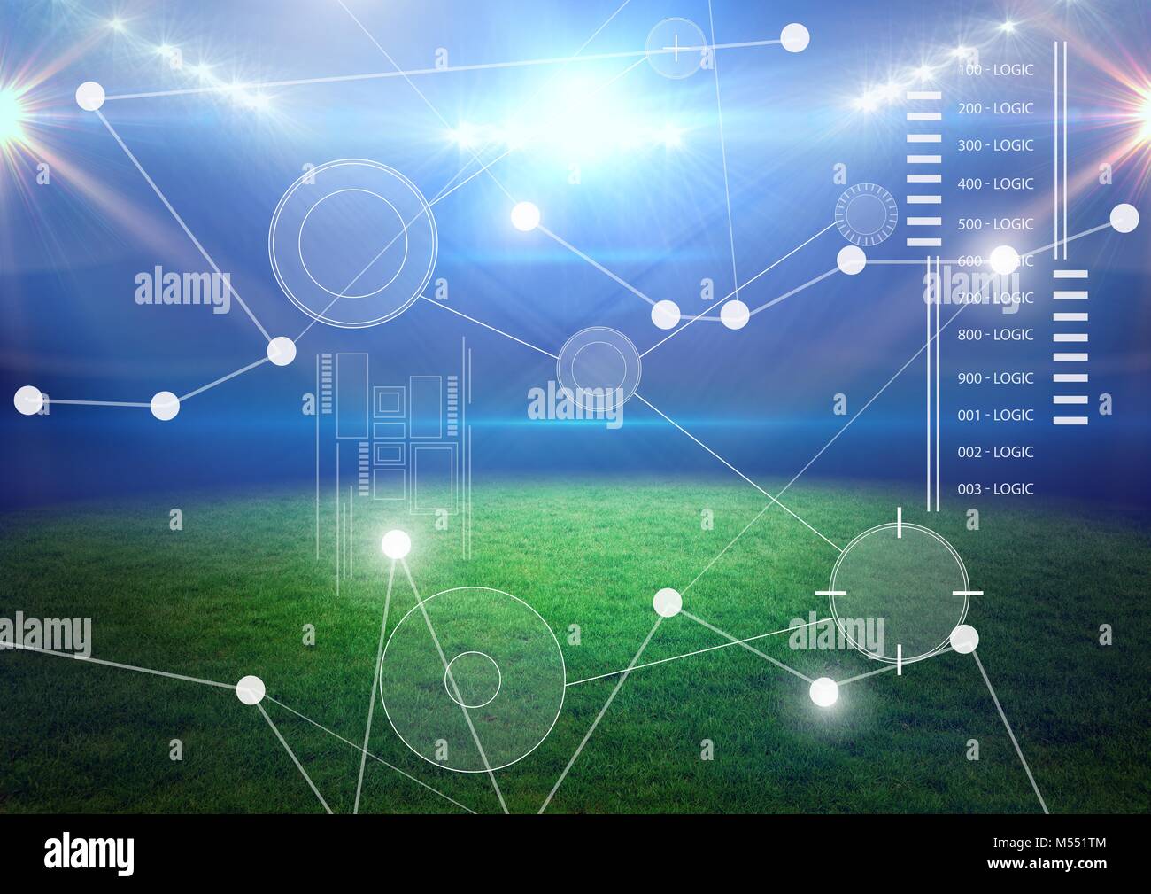 Interface overlay of connection statistics graphics with sports stadium ...