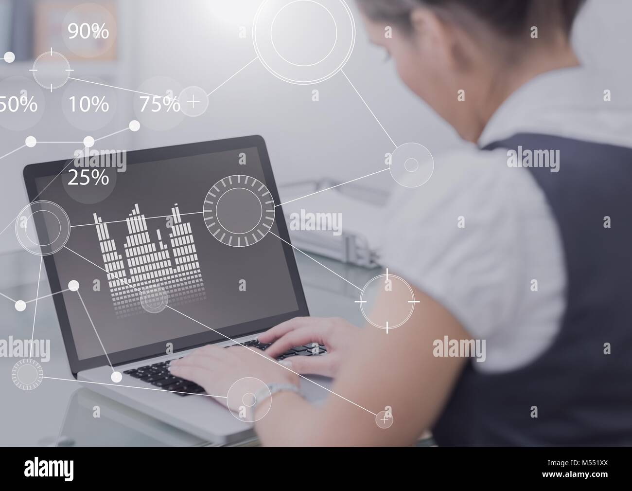 Business Overlay Interface with businesswoman and laptop Stock Photo ...