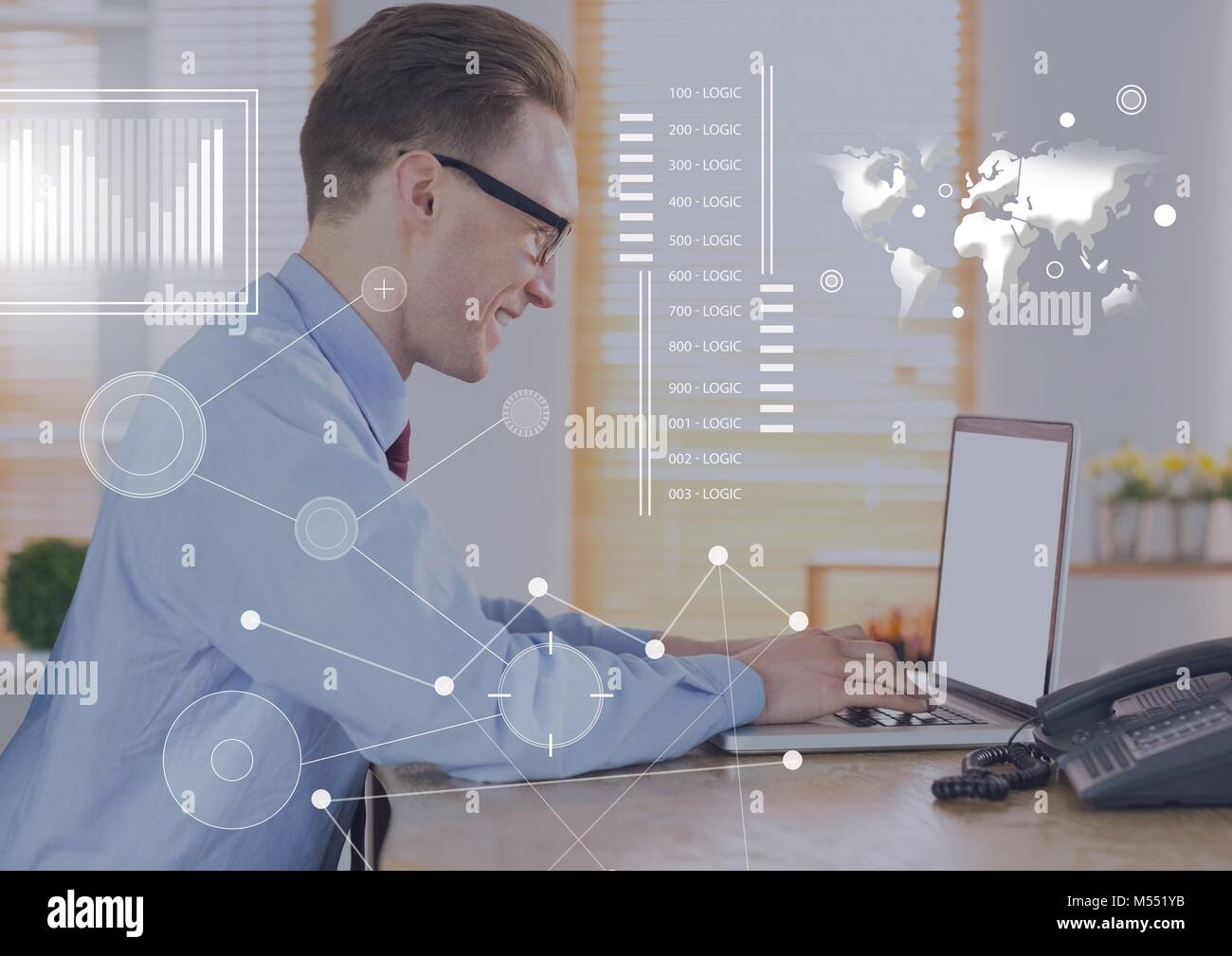 Business Overlay Interface with businessman and laptop Stock Photo - Alamy